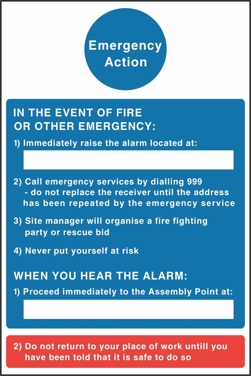 Emergency Action Sign, Self Adhesive Vinyl, 1mm PVC, 5mm Correx Board ...