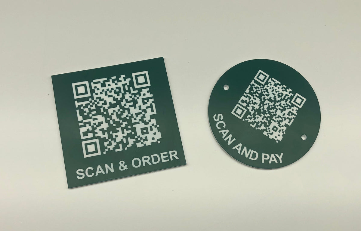 Engraved QR TABLE DISCS, GREEN with WHITE TEXT, Multiple Sizes and Opt ...